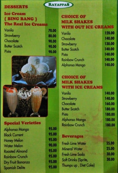 Menu at Sri Rayappas Restaurant, Coimbatore, 1