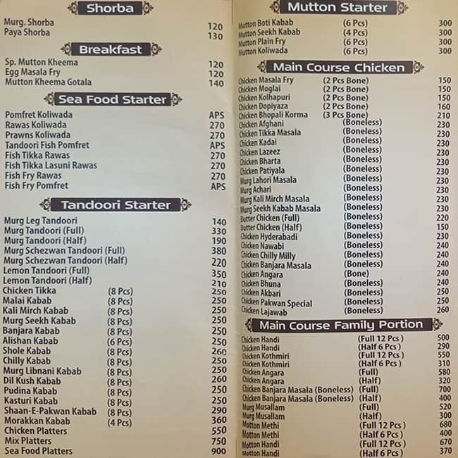 Menu of Shahi Pakwan, Mira Road, Mumbai