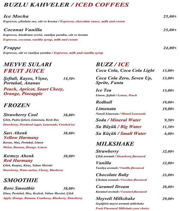 Menu at Chez Bore, Istanbul, Beyoglu