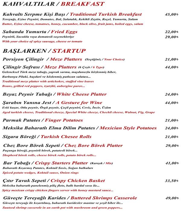 Menu at Chez Bore, Istanbul, Beyoglu