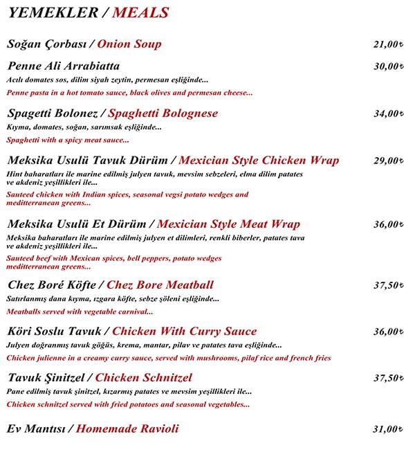 Menu at Chez Bore, Istanbul, Beyoglu