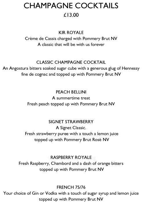 Menu at Colonnades at the Signet Library restaurant, Edinburgh