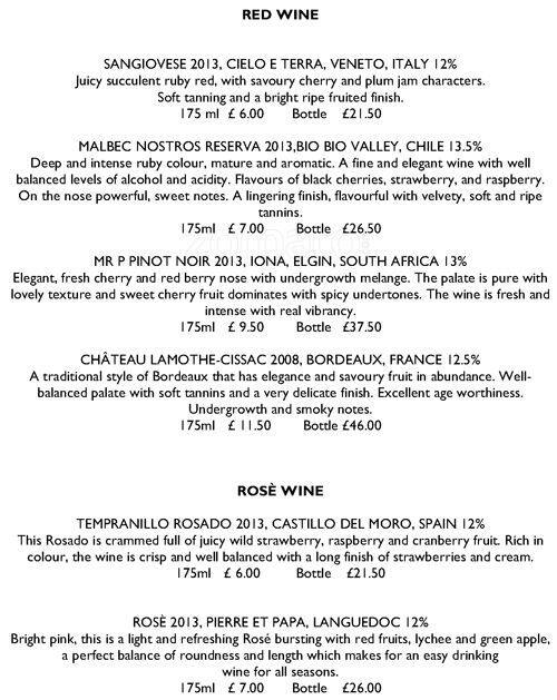 Menu at Colonnades at the Signet Library restaurant, Edinburgh