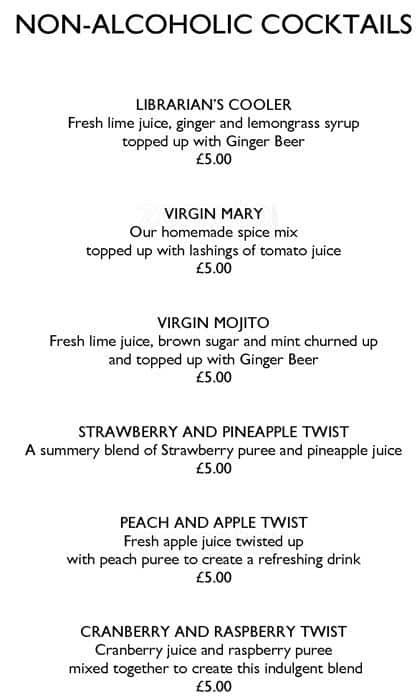 Menu at Colonnades at the Signet Library restaurant, Edinburgh