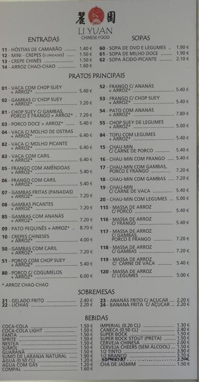 Menu at Li Yuan restaurant, Lisbon