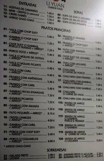 Menu at Li Yuan restaurant, Lisbon