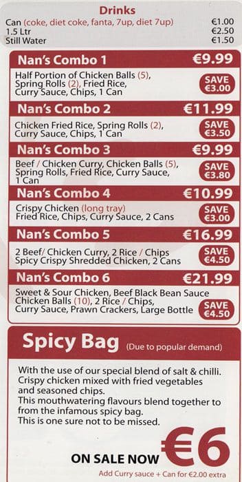 Menu at Nan's pizzeria, Dublin, Applewood Main Street