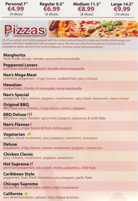 Menu at Nan's pizzeria, Dublin, Applewood Main Street