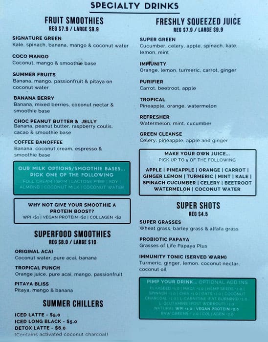 Menu at Coco Bliss South Bank cafe, South Brisbane