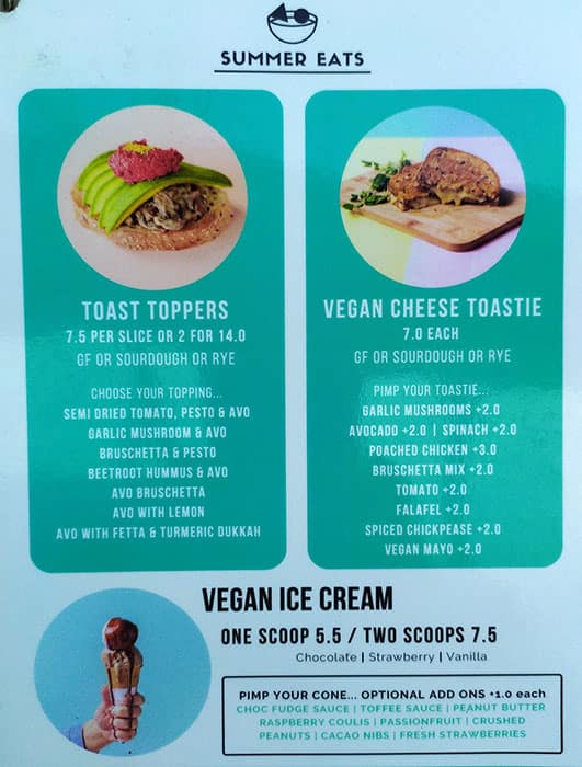 Menu at Coco Bliss South Bank cafe, South Brisbane