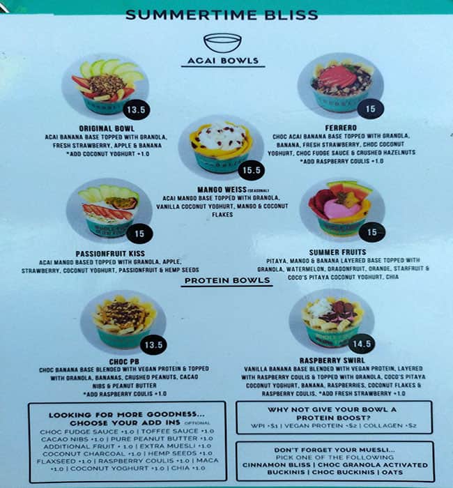 Menu at Coco Bliss South Bank cafe, South Brisbane