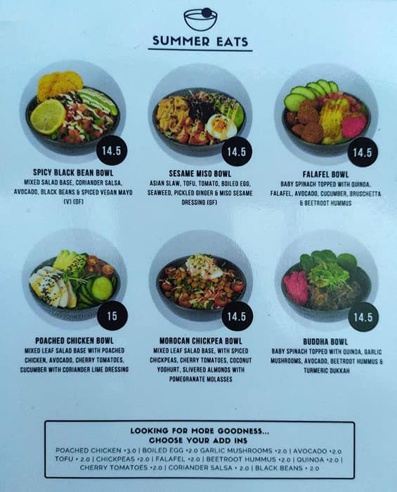 Menu at Coco Bliss South Bank cafe, South Brisbane