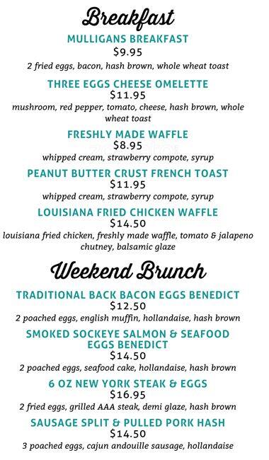 Menu at Mulligan's House & Bistro restaurant, Burnaby