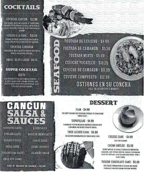 Menu at Cancun Mexican Restaurant, Fort Worth