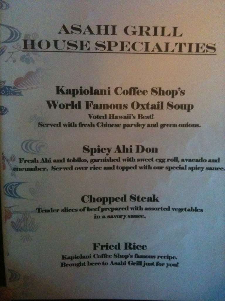 Menu at Asahi Grill restaurant, Honolulu, 515 Ward Ave