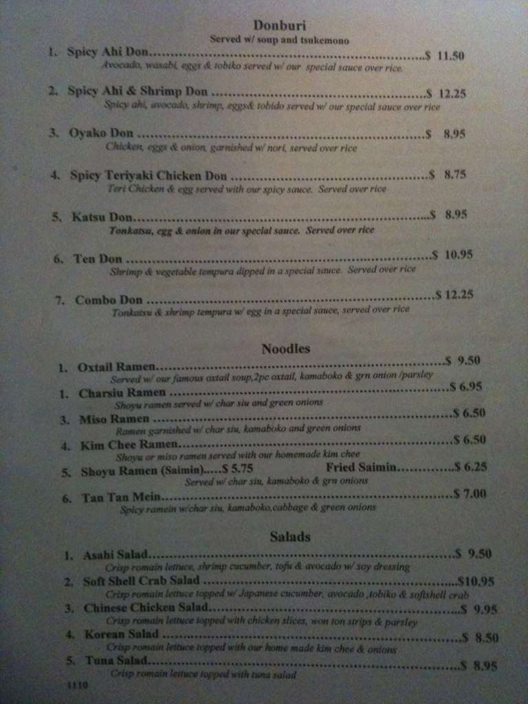 Menu at Asahi Grill restaurant, Honolulu, 515 Ward Ave