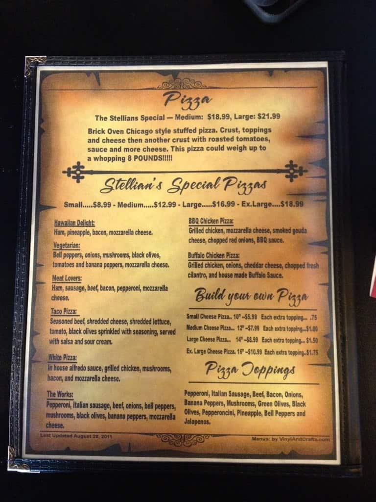 Menu at Stellians restaurant, Central City
