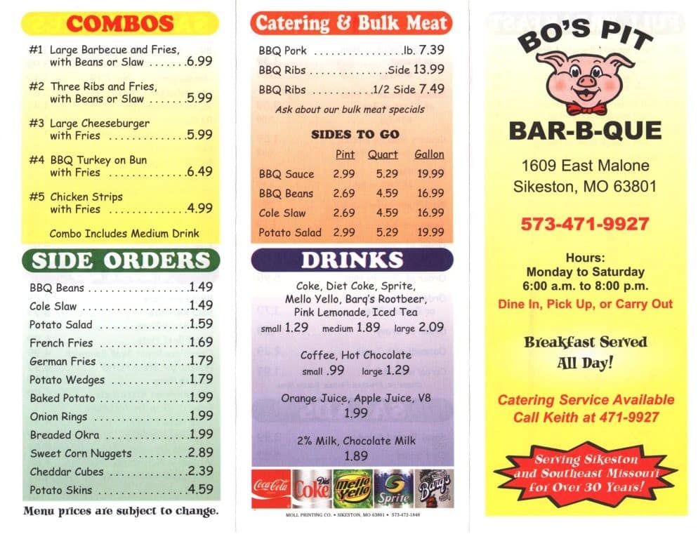 Menu at Bo's Breakfast & Bar-B-Q, Sikeston