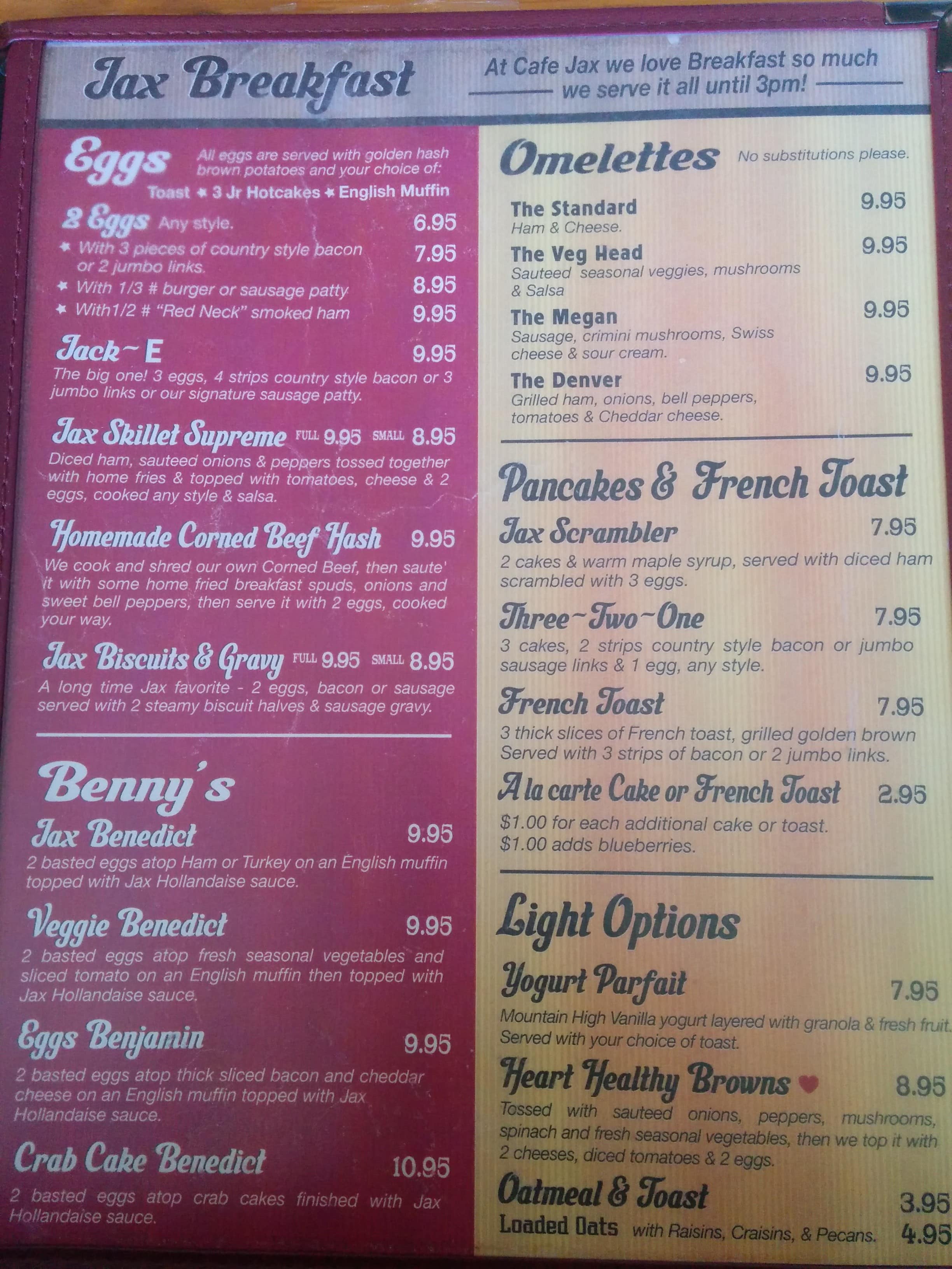 Menu at Cafe jax, Eureka, 207 Dewey Ave