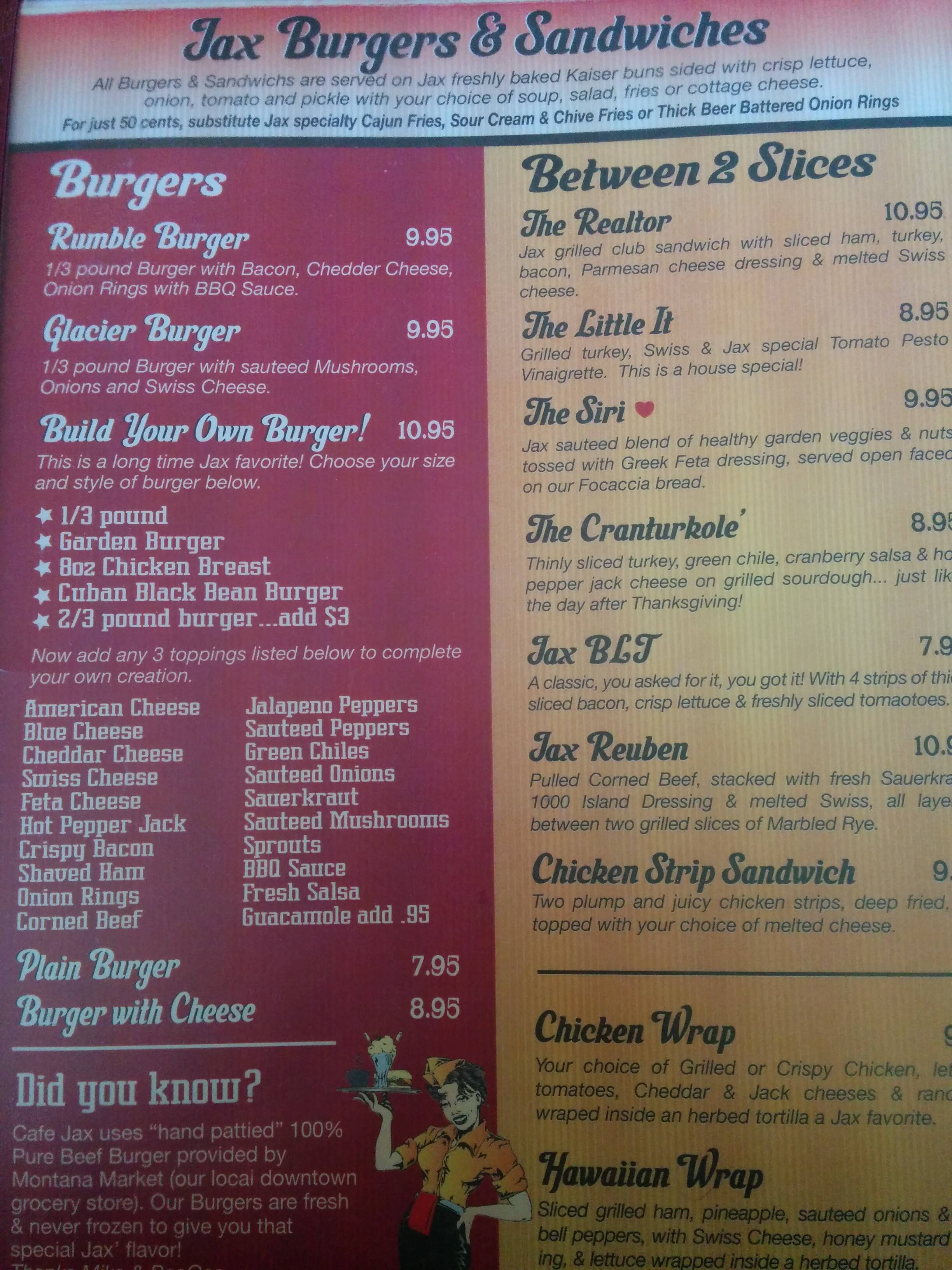 Menu at Cafe jax, Eureka, 207 Dewey Ave