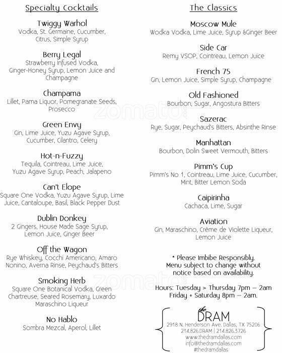 The Dram Menu, Menu for The Dram, Old East Dallas, Dallas - Urbanspoon ...