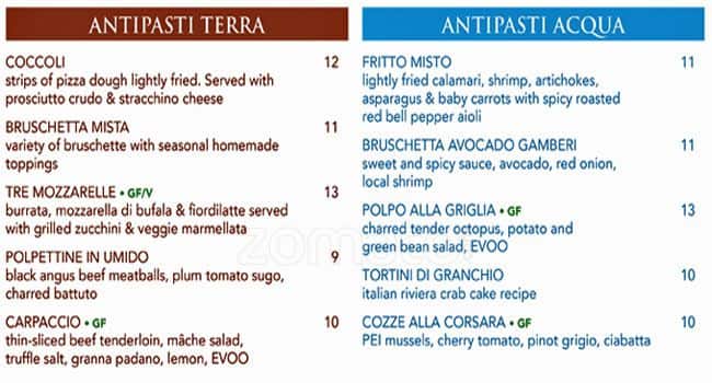 Menu at Terra & Acqua pub & bar, St. Augustine