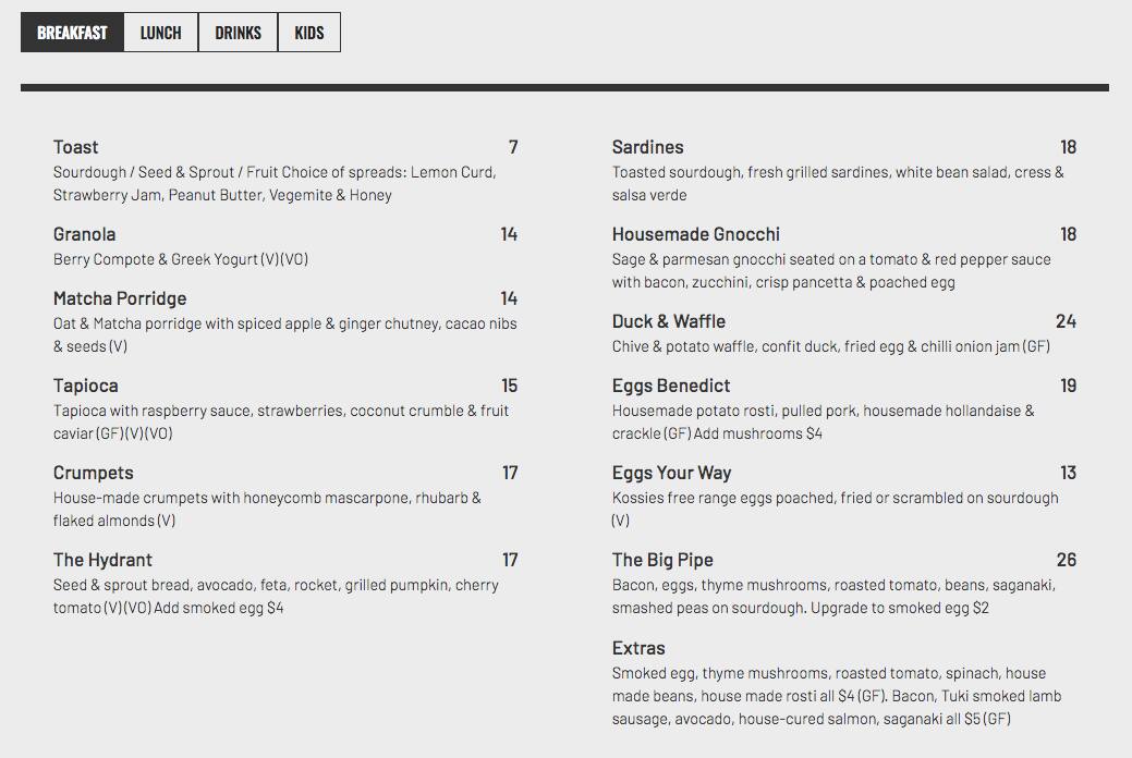 Menu at Hydrant Food Hall cafe, Ballarat Central