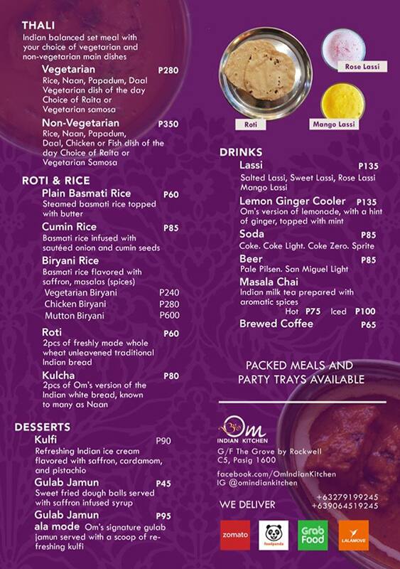 Menu at OM Indian Kitchen restaurant, Pasig, Grove Retail Row