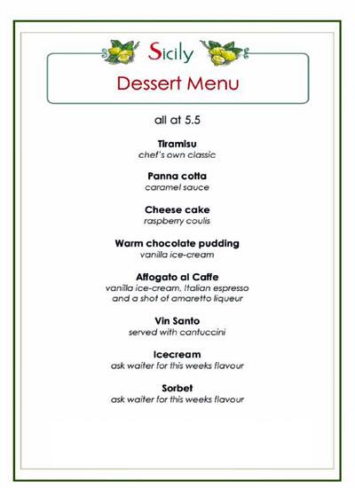 Menu at Sicily pizzeria, London, 2a Elizabeth St