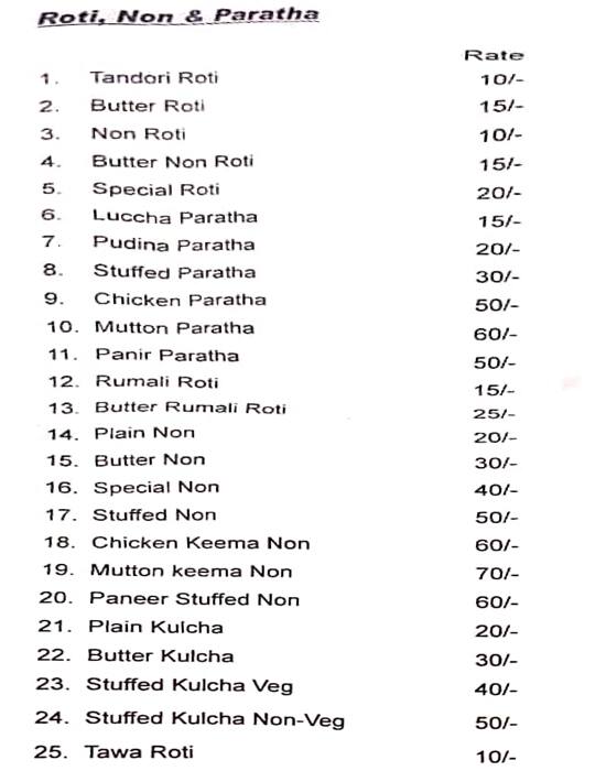Menu at Taj Roti Shop, Nagpur