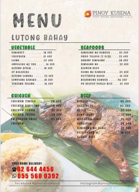 Menu of Pinoy Kusina, Tourist Club Area (Al Zahiyah), Abu Dhabi
