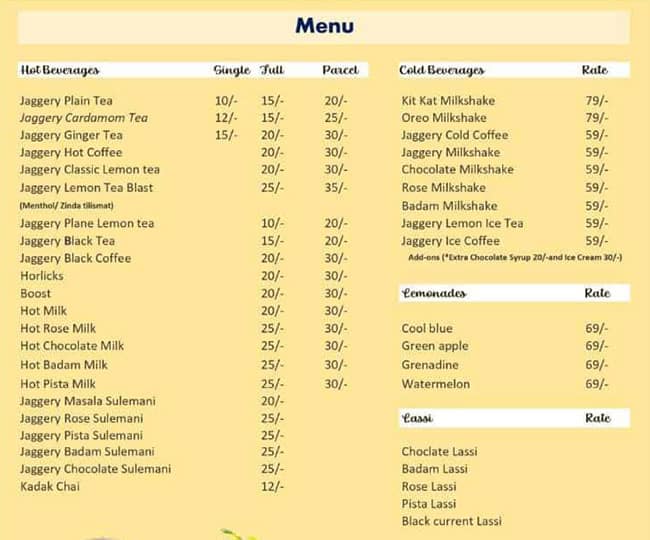 Menu of Jaggery Tales Bellam Tea Cafe, Saroor Nagar, Hyderabad