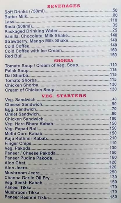 Menu of Hotel Manali Family Restaurant & Bar, Virar, Mumbai