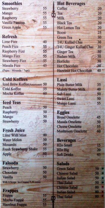 Menu at T4U, Bengaluru