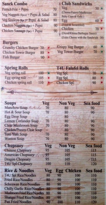 Menu at T4U, Bengaluru