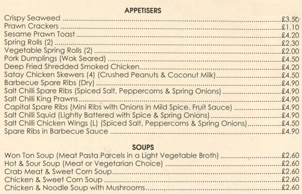 Menu at Moonlight restaurant, London, 37 Queenstown Rd