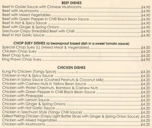 Menu at Moonlight restaurant, London, 37 Queenstown Rd