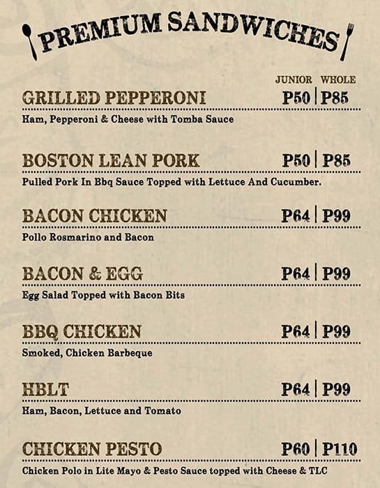 The Sandwich Guy Menu, Menu for The Sandwich Guy, Buayang Bato ...