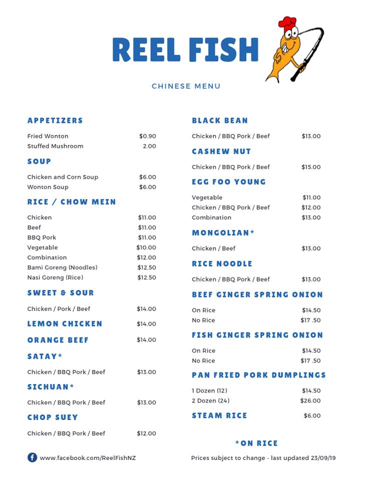 Menu at Reel Fish restaurant, Lower Hutt