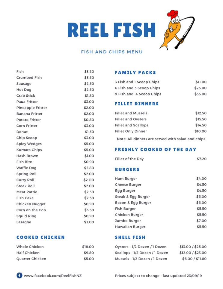 Menu at Reel Fish restaurant, Lower Hutt