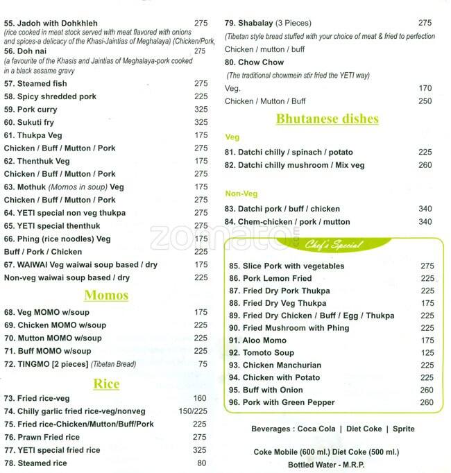 Menu at Yeti - The Himalayan Kitchen - Express, New Delhi, D 74