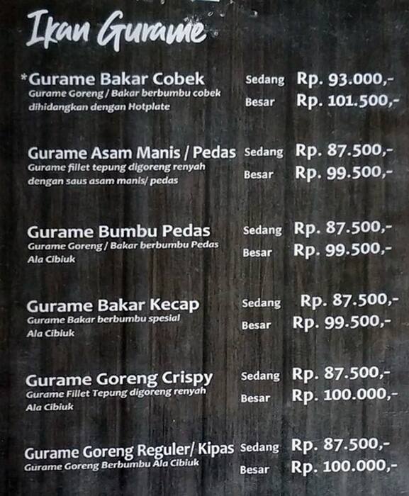 Menu at Cibiuk Restaurant, Bekasi Regency