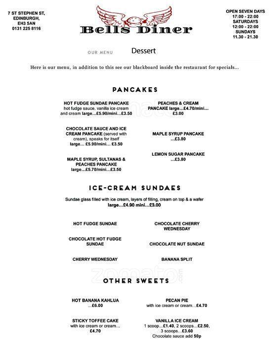 Menu at Bells Diner steakhouse, Edinburgh