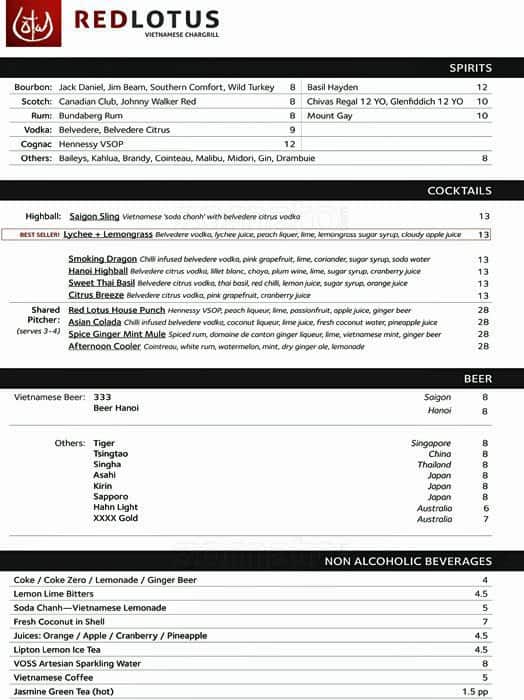 Menu at Red Lotus restaurant, Fortitude Valley, 11 Duncan St