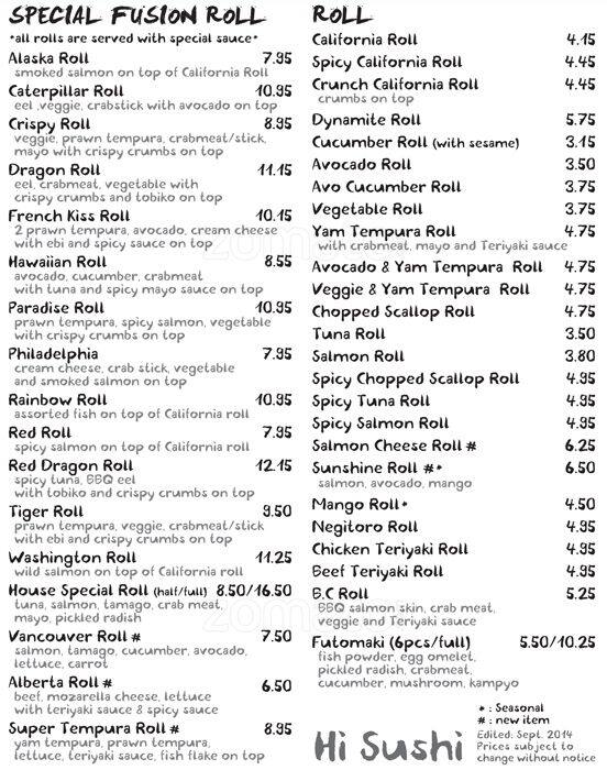 Menu at Hi Sushi restaurant, Surrey