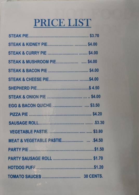 Menu at M & M Bakery, Highett