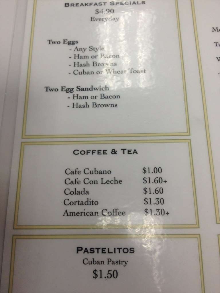 El Cafecito Menu, Menu podniku El Cafecito, Hollywood/Hallandale, Miami ...