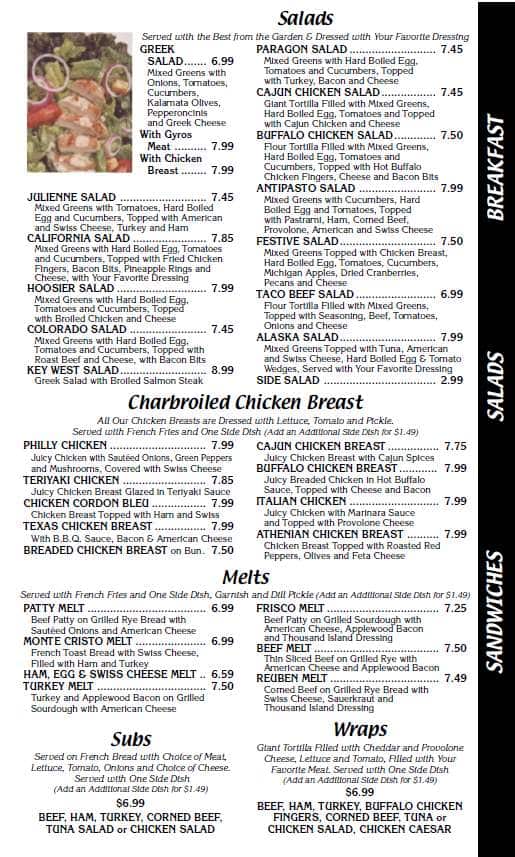 Menu at Paragon Restaurant, Indianapolis