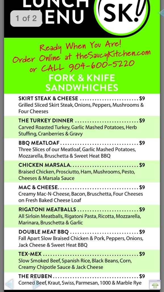 Menu at saucy kitchen cafe, Jacksonville, Gate Pkwy