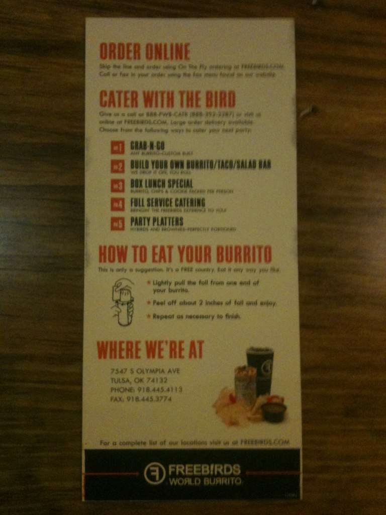 Carta del restaurante Freebirds World Burrito, Tulsa, S Olympia Ave Suite B